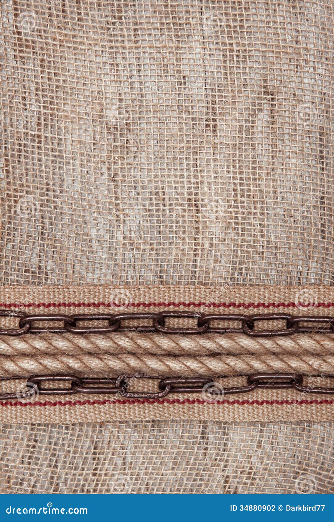 Burlap Background with Sacking Ribbon, Metal Chain and Rope Stock Photo ...