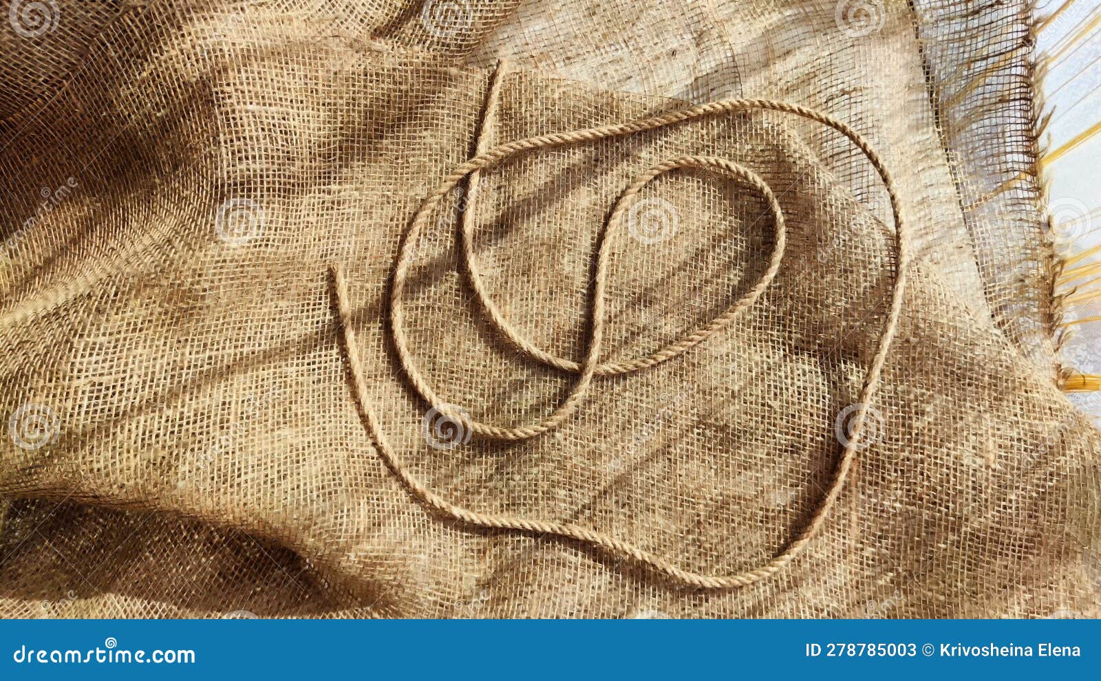 Burlap Fabric, Coarse Jute Weave, and Thick Burlap Rope. Background ...