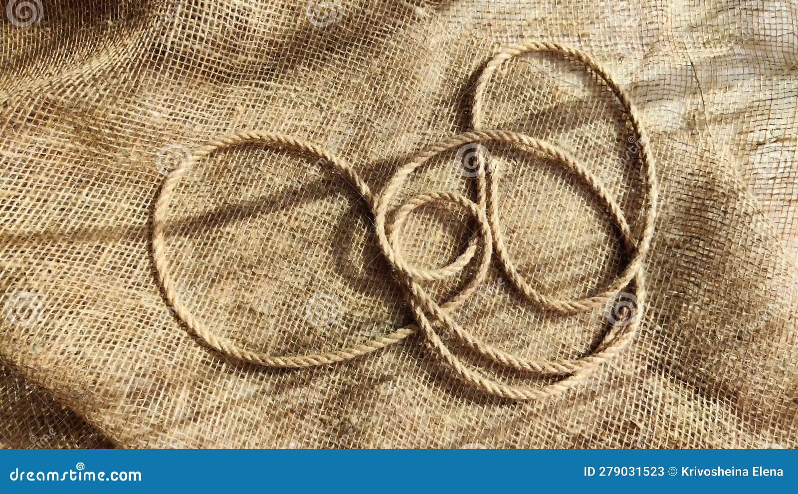 Burlap Fabric, Coarse Jute Weave, and Thick Burlap Rope. Background ...