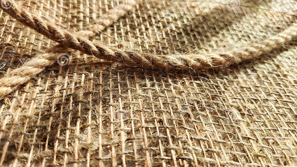 Burlap Fabric, Coarse Jute Weave, and Thick Burlap Rope. Background ...