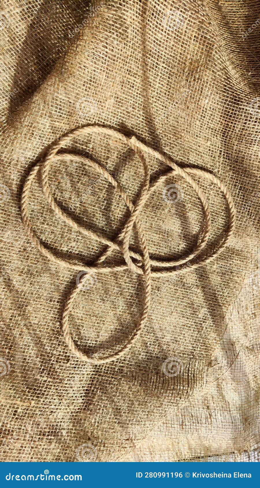 Burlap Fabric, Coarse Jute Weave, and Thick Burlap Rope. Background ...