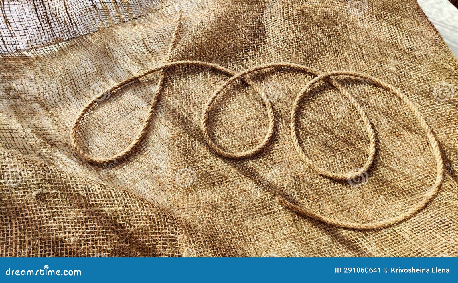 Burlap Fabric, Coarse Jute Weave, and Thick Burlap Rope. Background ...