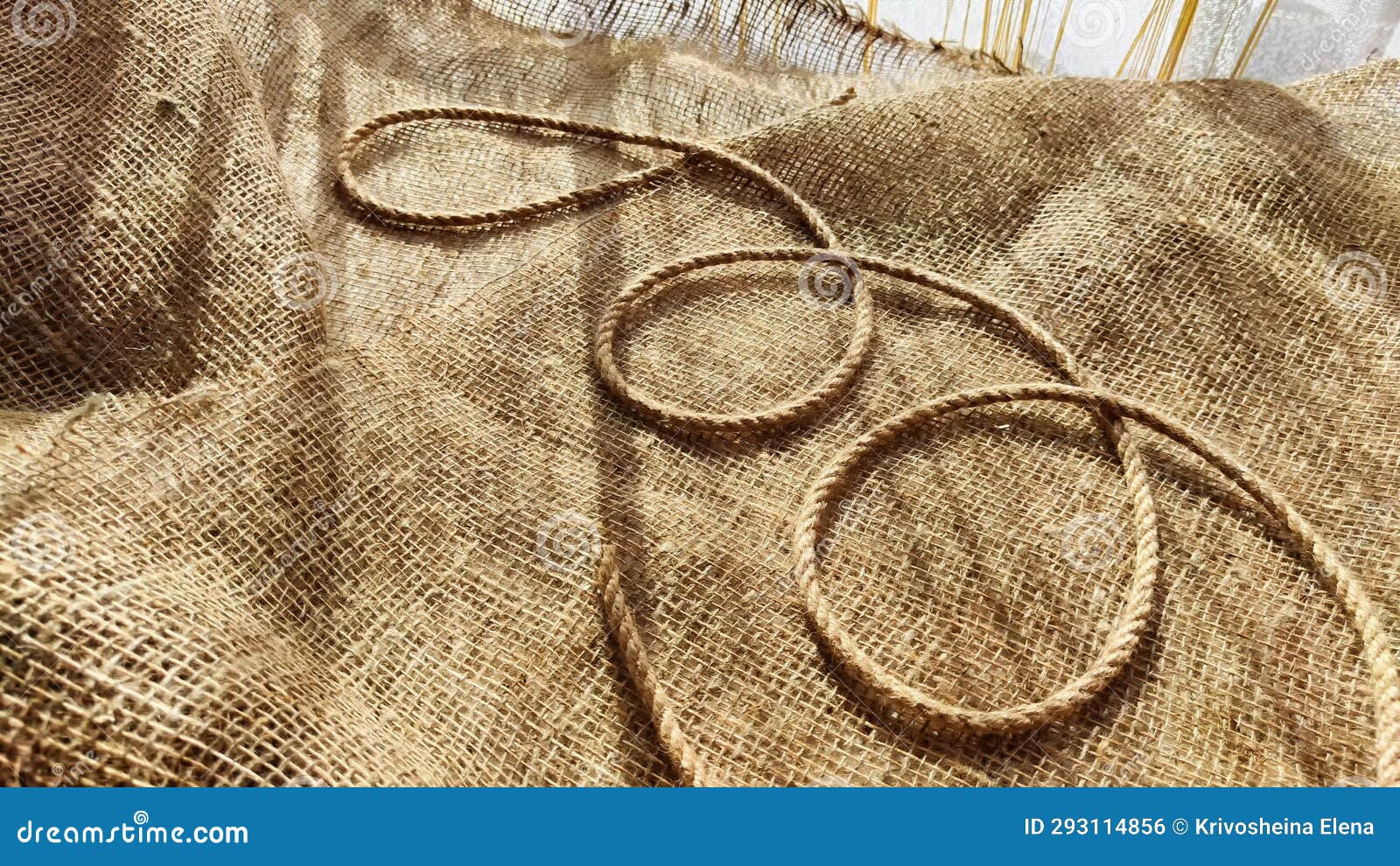 Burlap Fabric, Coarse Jute Weave, and Thick Burlap Rope. Background ...