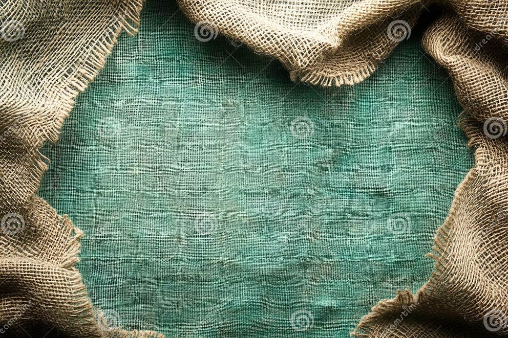 Burlap Material Creating a Frame Border on Teal Colored Linen Fabric ...