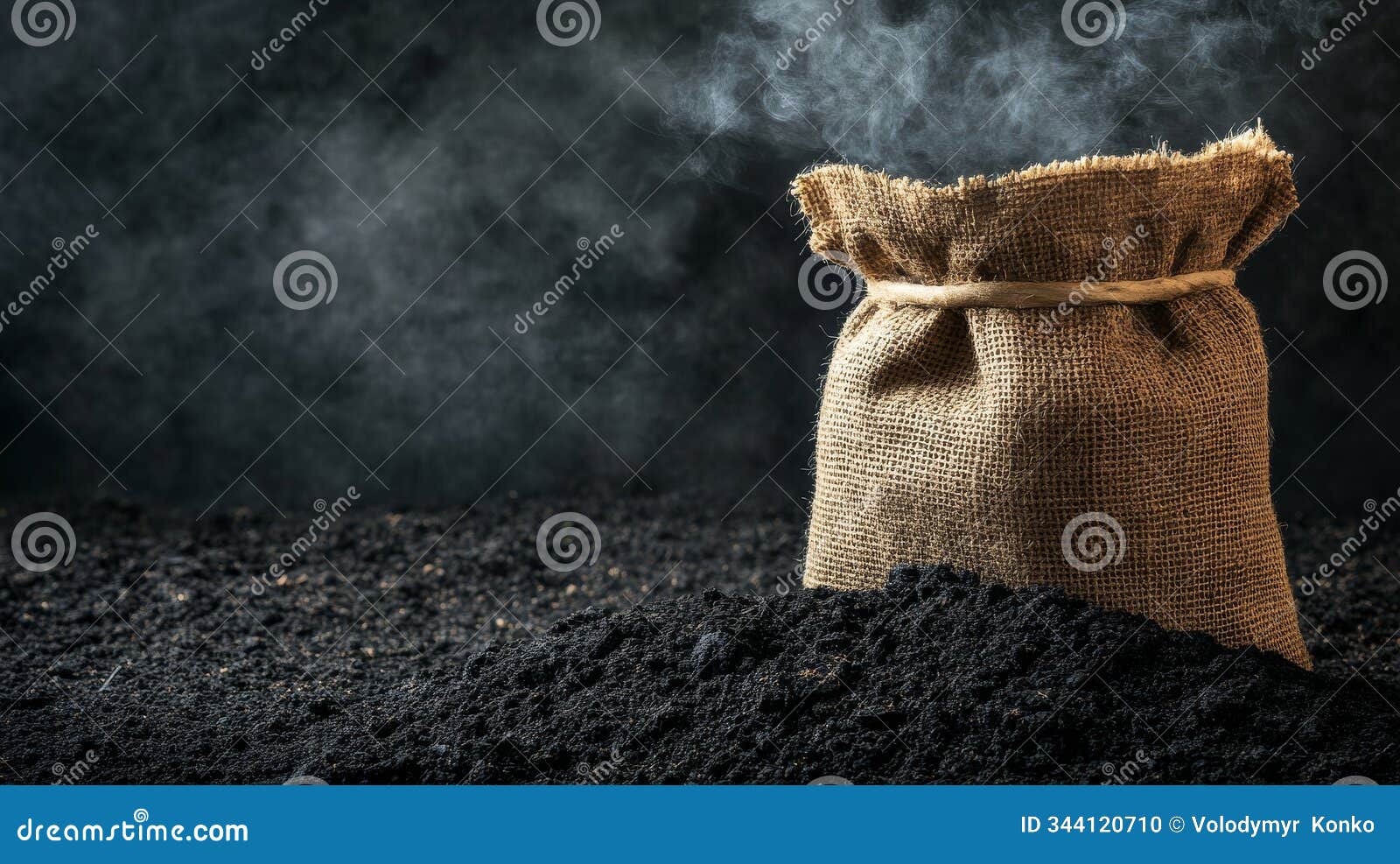 Burlap Sack on Dark Soil with Smoke, Rustic Agriculture Concept Stock ...