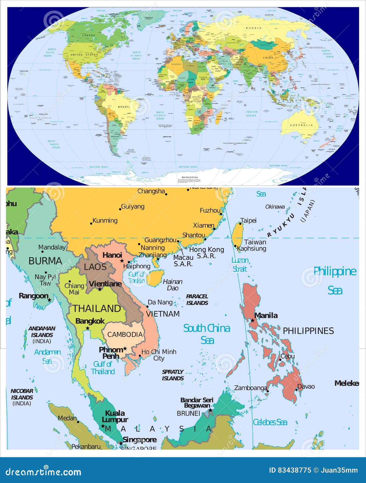 Thailand World Map In Flat Style With 4 Colors. Cartoon Vector ...