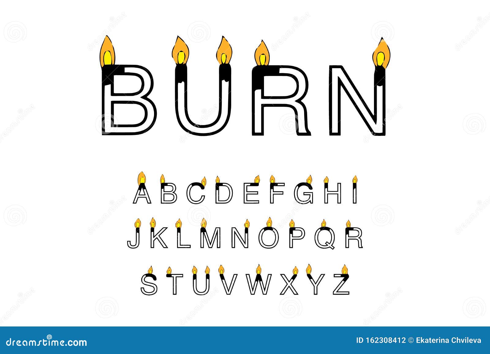 Burn Hand Drawn Vector Type Font in Cartoon Comic Style Fire on Match ...