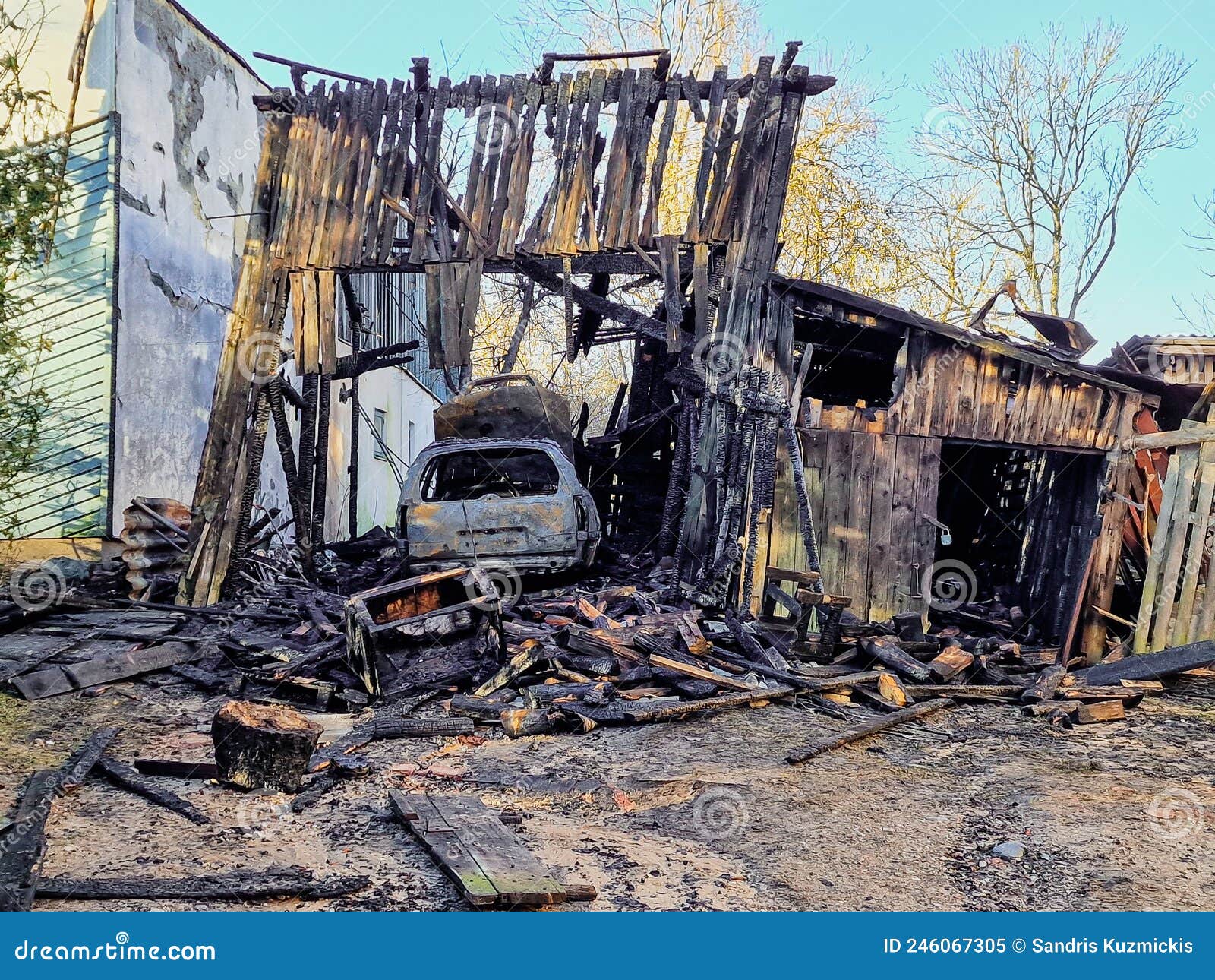 Burned Barn, Garage and Car. Sunny Spring Day Stock Image - Image of ...