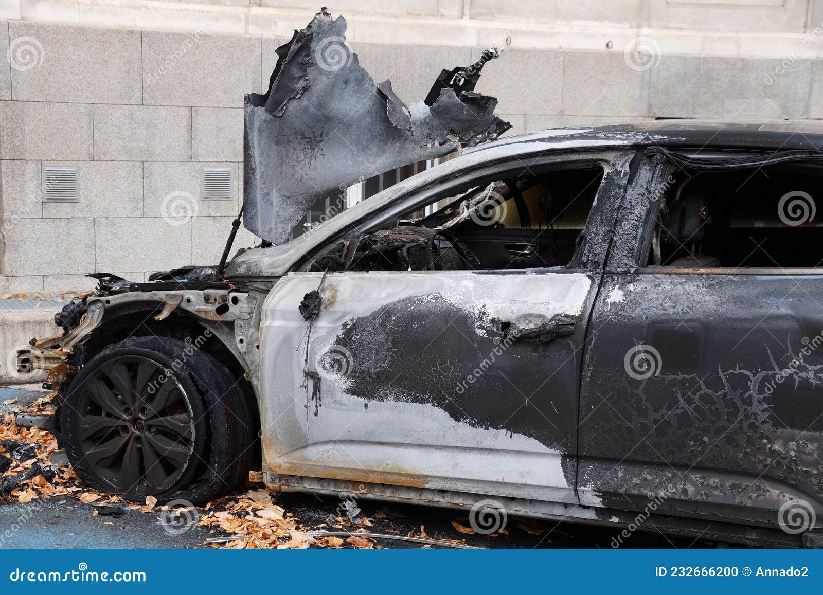 Burned Black Car with Open Deformed Hood Stock Photo - Image of metal ...
