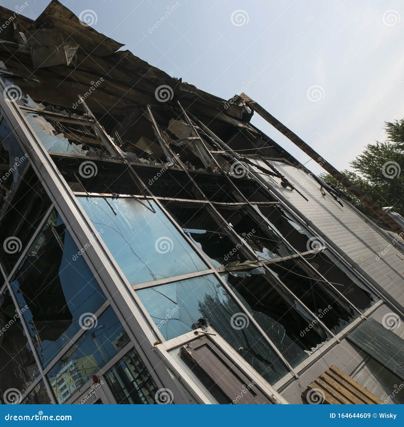 Burned Building with Broken Windows in Summer Stock Image - Image of ...
