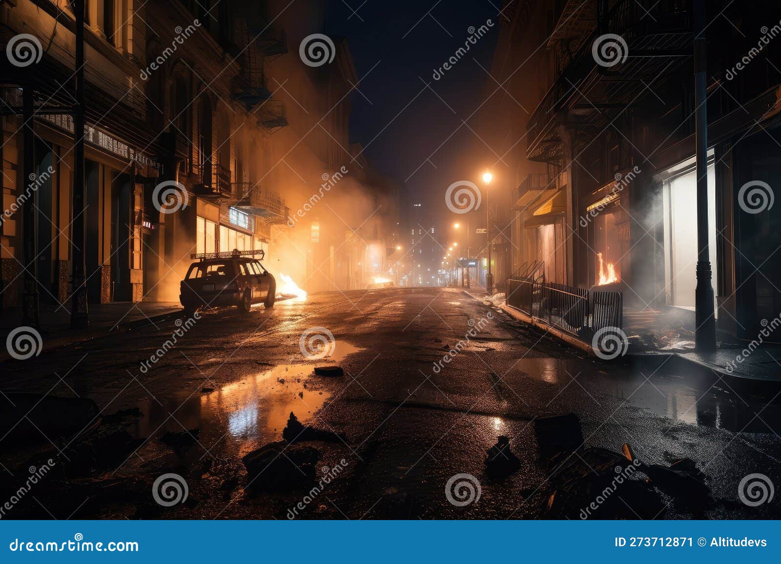 Burned City Street at Night, with Flickering Flames and Smoke Filling ... Burned City Street at Night, with Flickering Flames and Smoke Filling ...