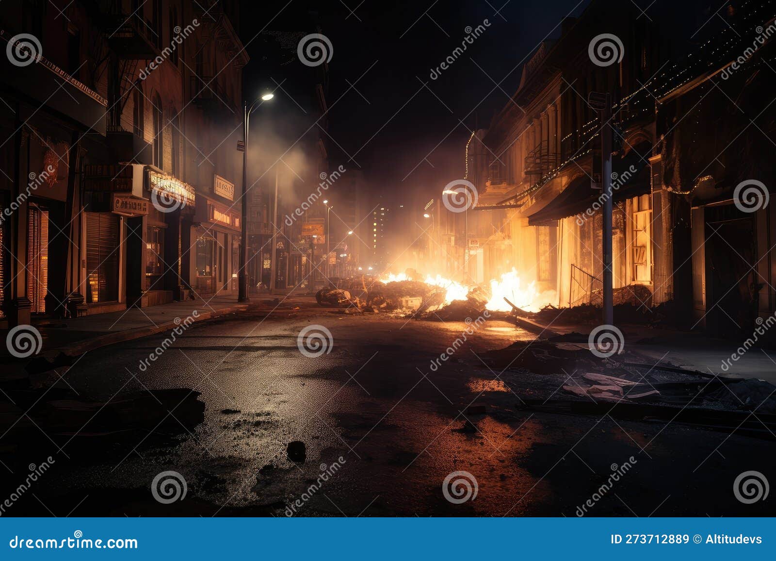 Burned City Street at Night, with Flickering Flames and Smoke Filling ... Burned City Street at Night, with Flickering Flames and Smoke Filling ...