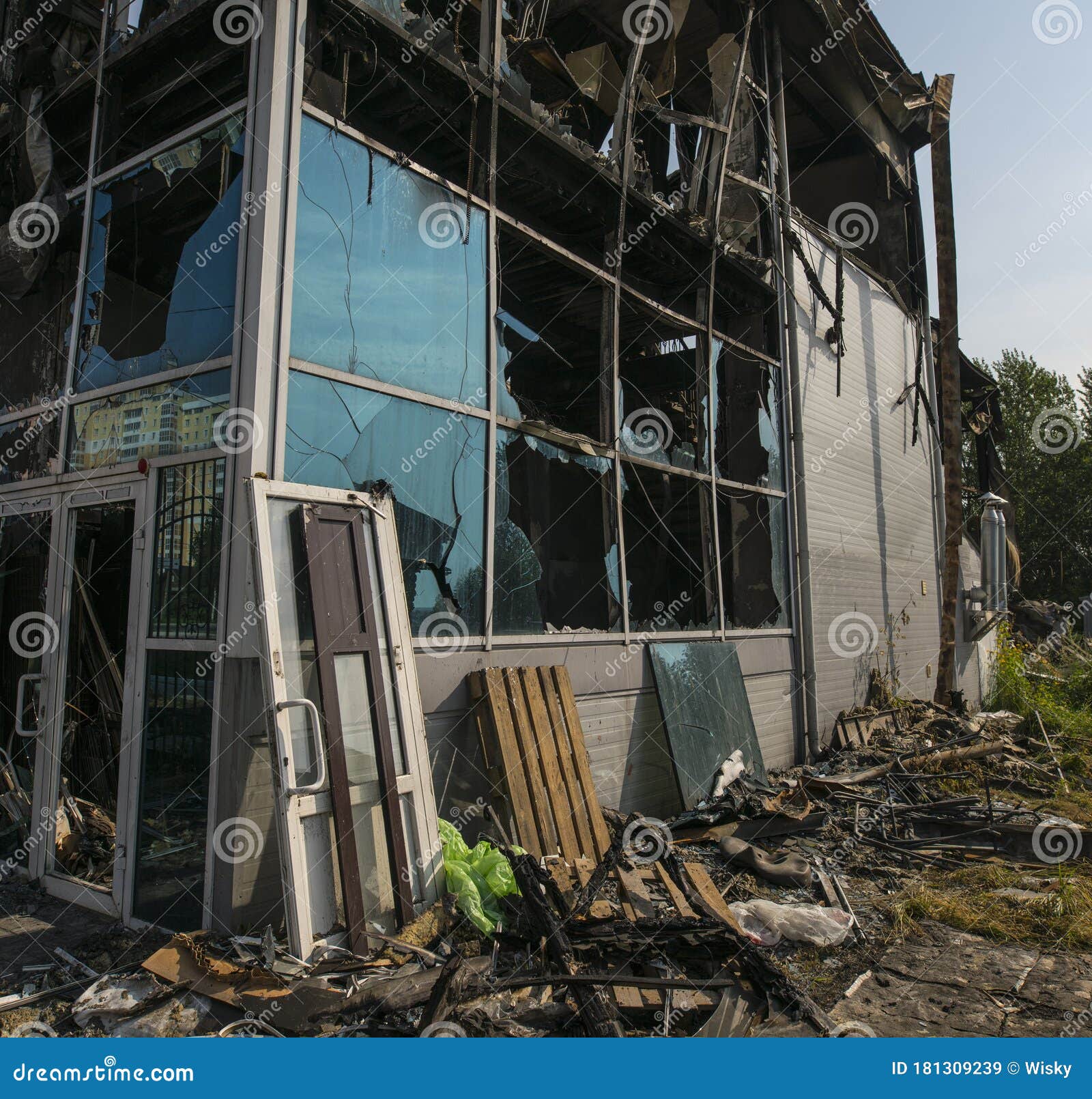 Burned Construction with Broken Windows in Summer Stock Image - Image ...