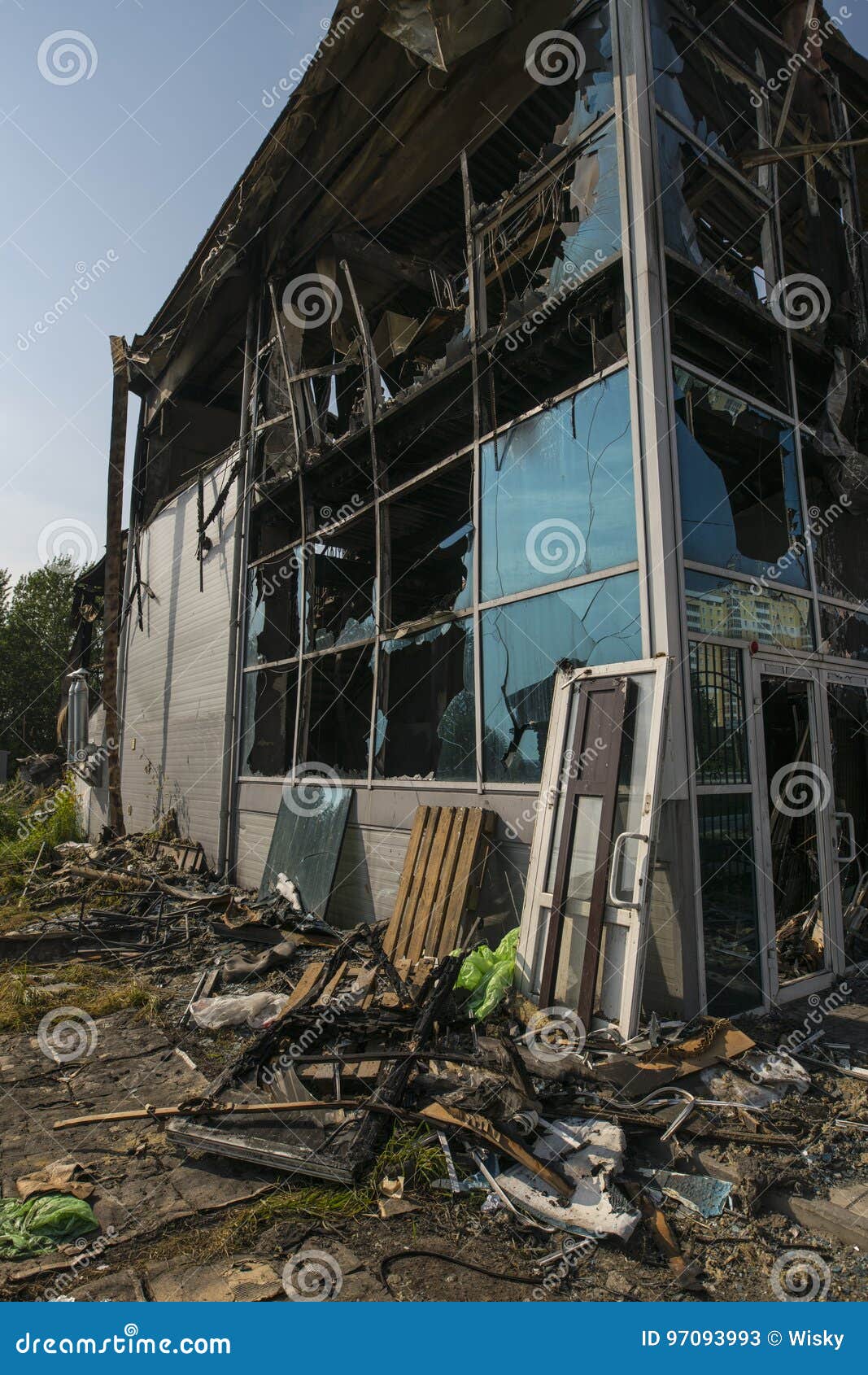 Burned Construction with Broken Windows in Summer Stock Image - Image ...