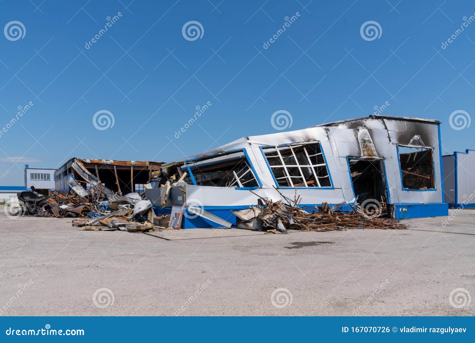 The Burned and Destroyed Structure is Made of Profiled Sheet. View from ...