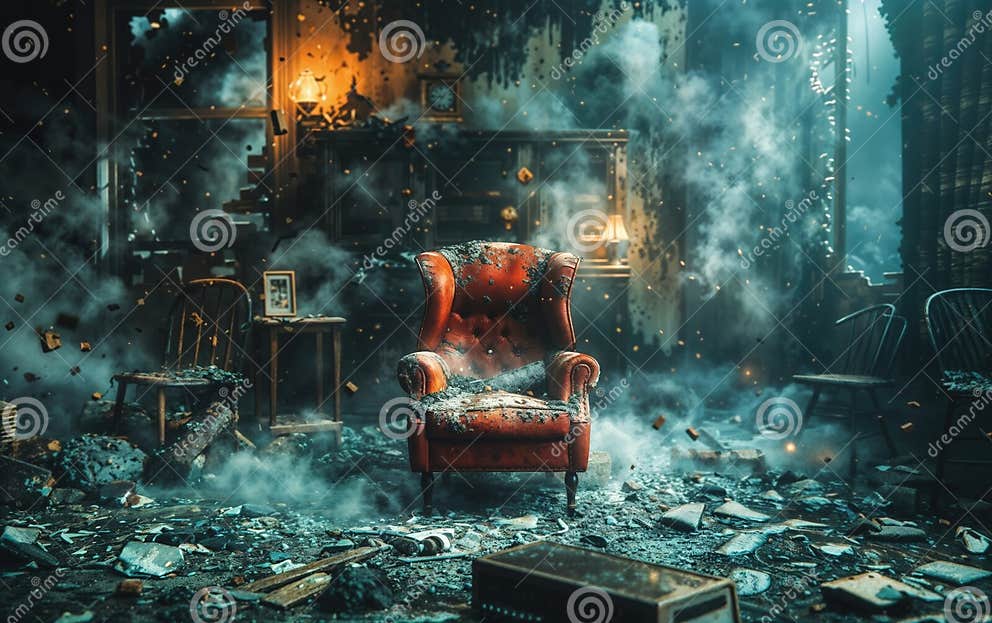 Burned Down Living Room Interior Showing the Devastating Aftermath of a ...