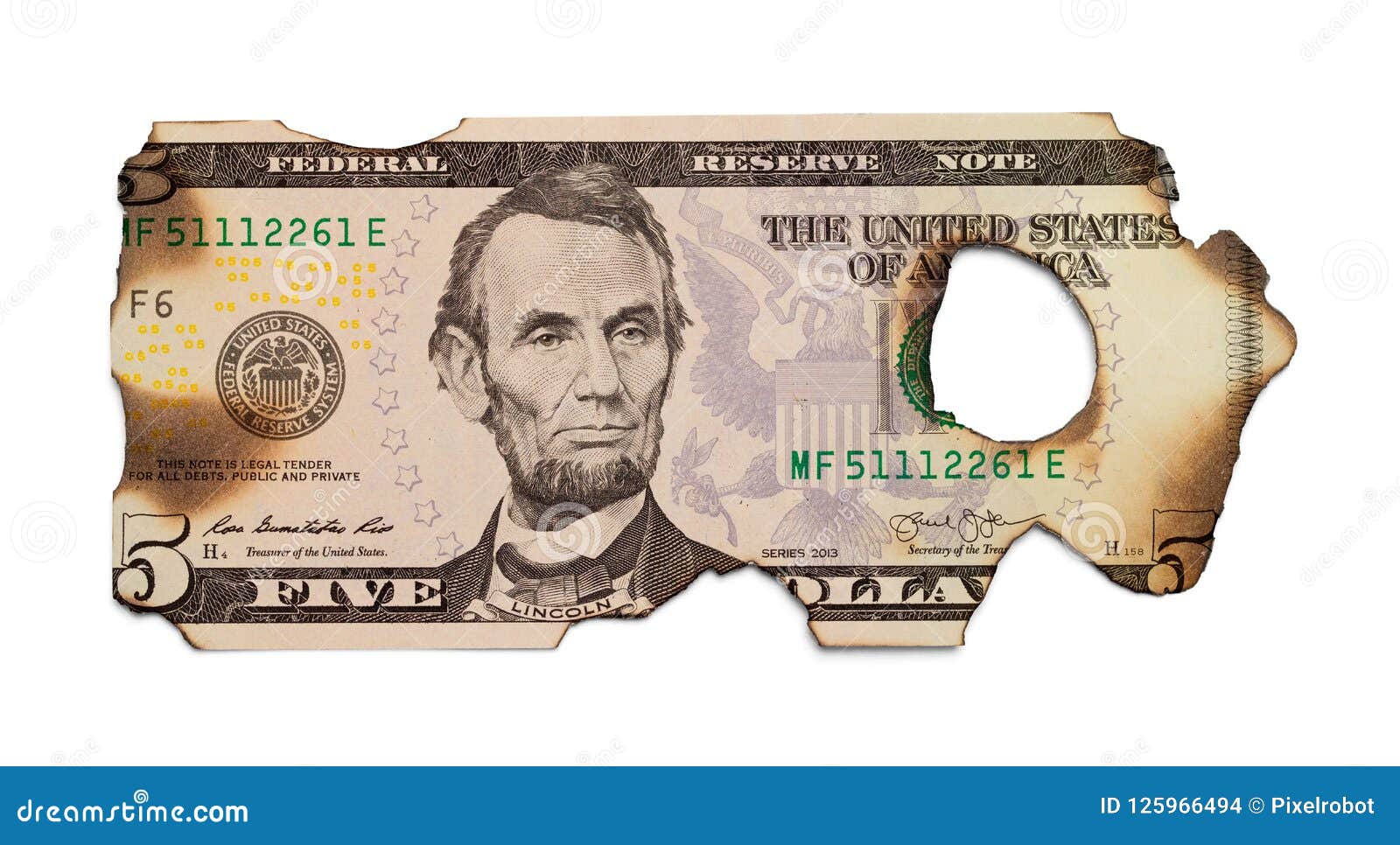 Burned Five Dollar Bill stock photo. Image of tender - 125966494