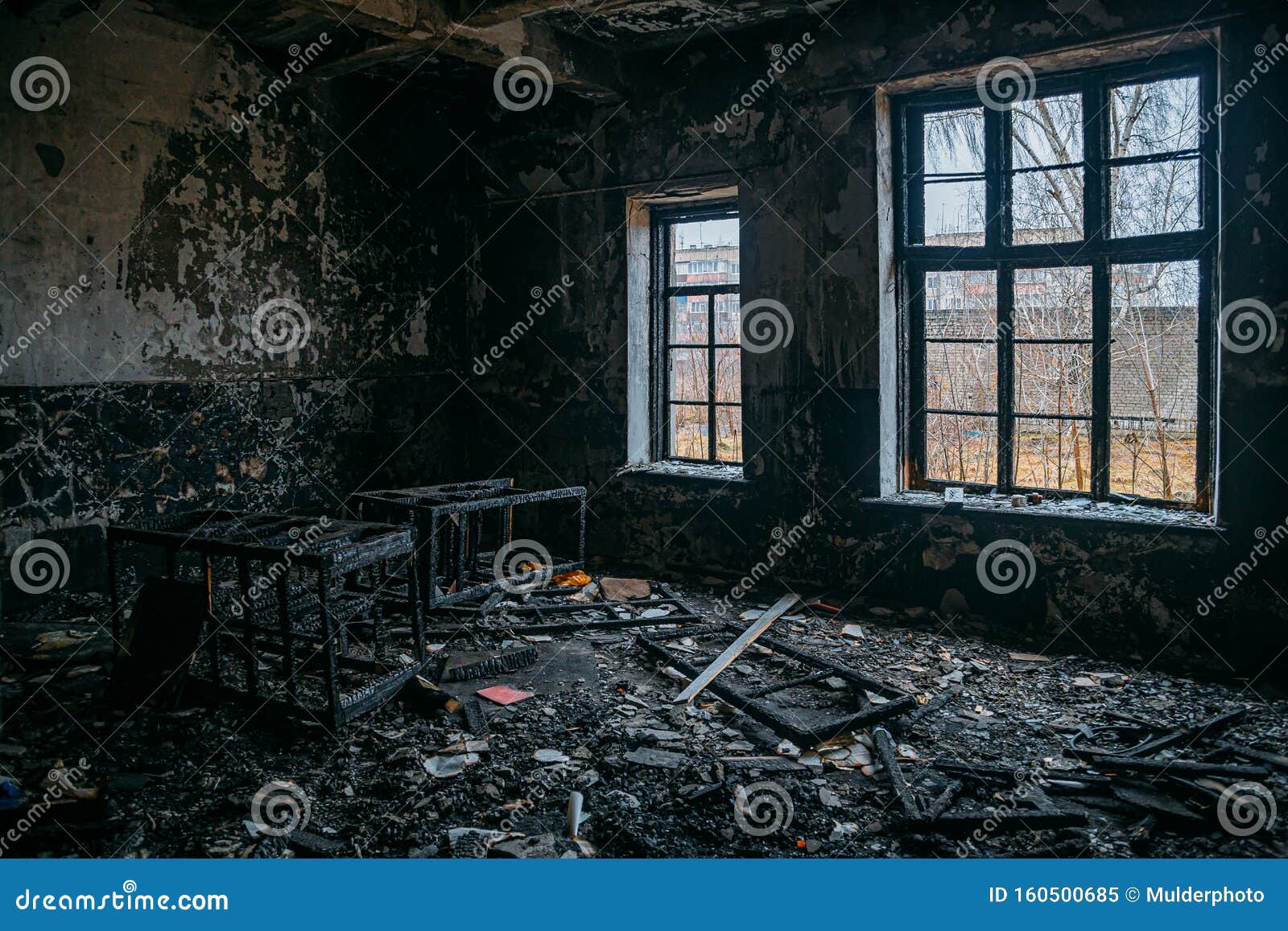 Burned Interiors after Fire in Industrial or Office Building. War or ...