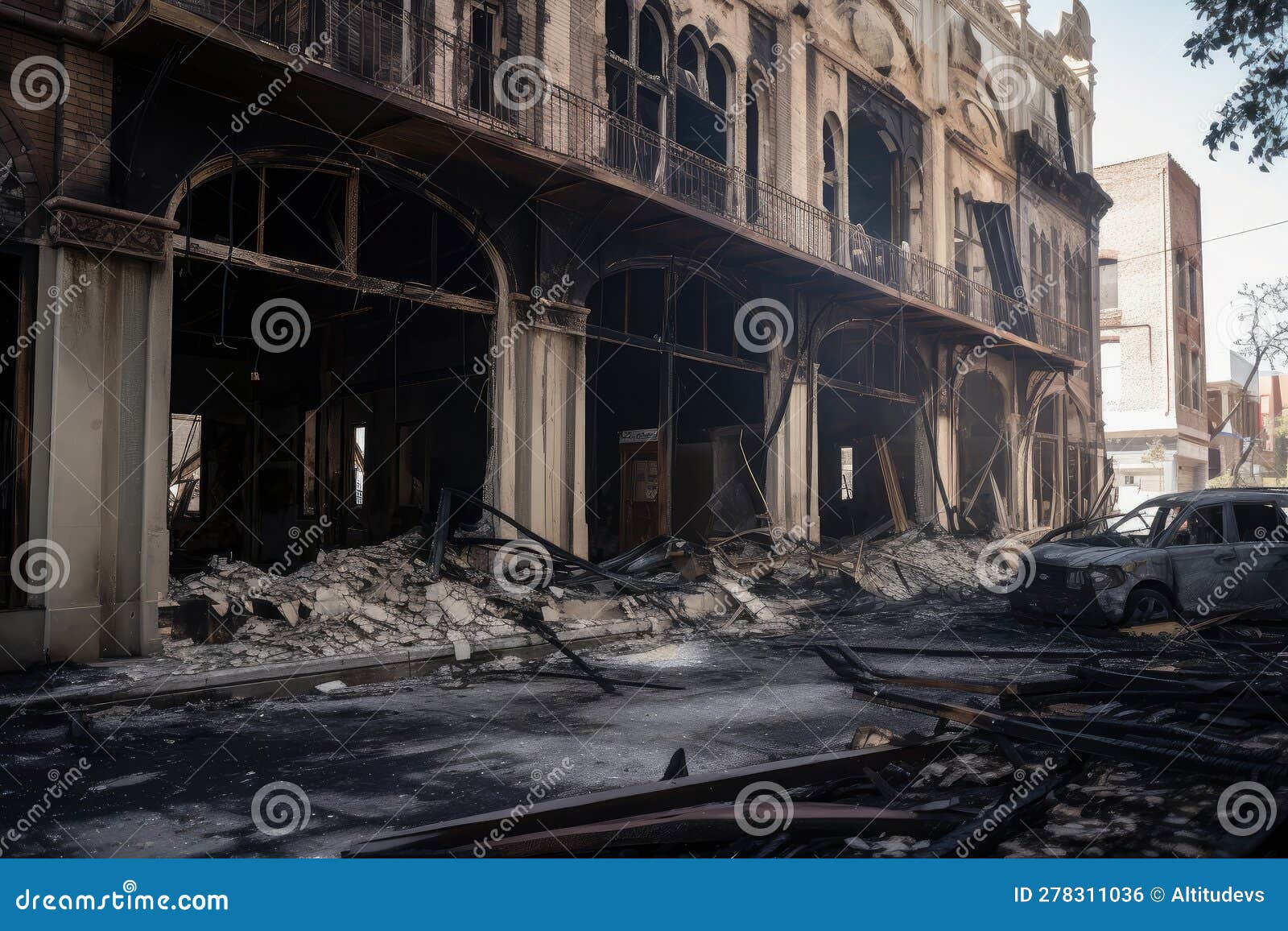 Burned-out Building with Shattered Windows and Debris Lying on the ...