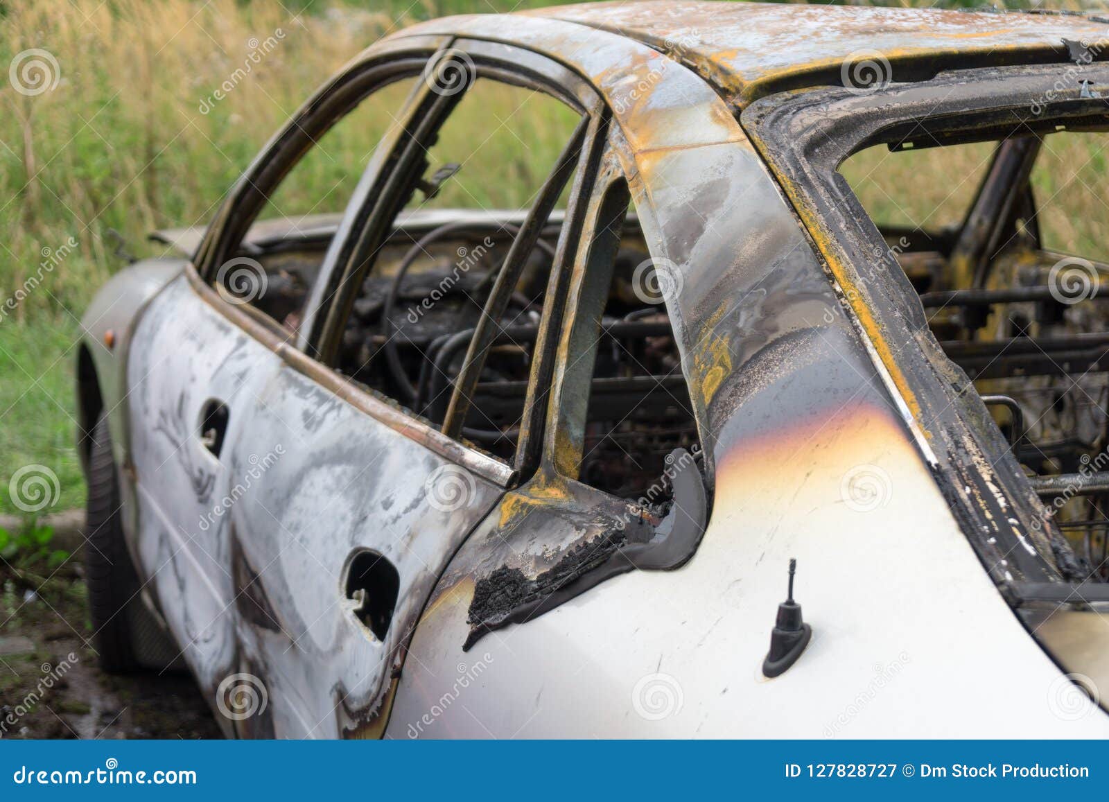Burned out car. stock image. Image of damaged, fire - 127828727
