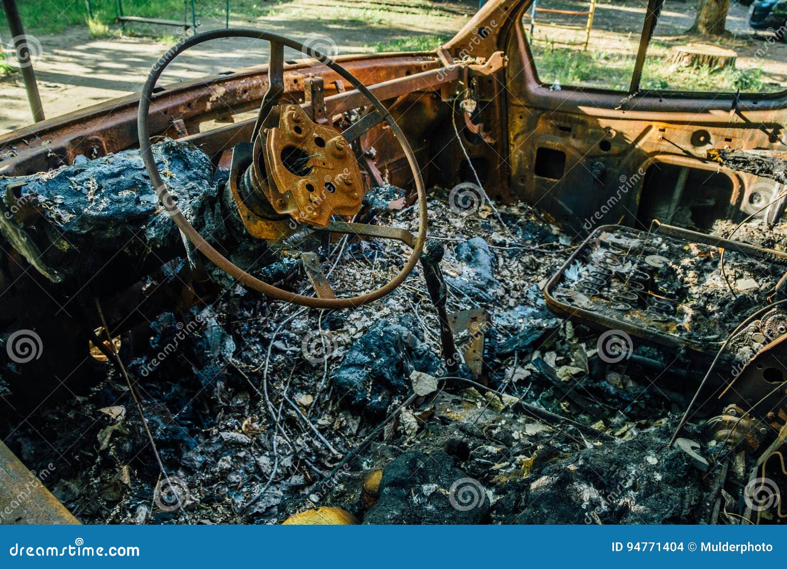 Burned Out Car, Inside View, Rusty Steering Wheel Stock Photo - Image ...