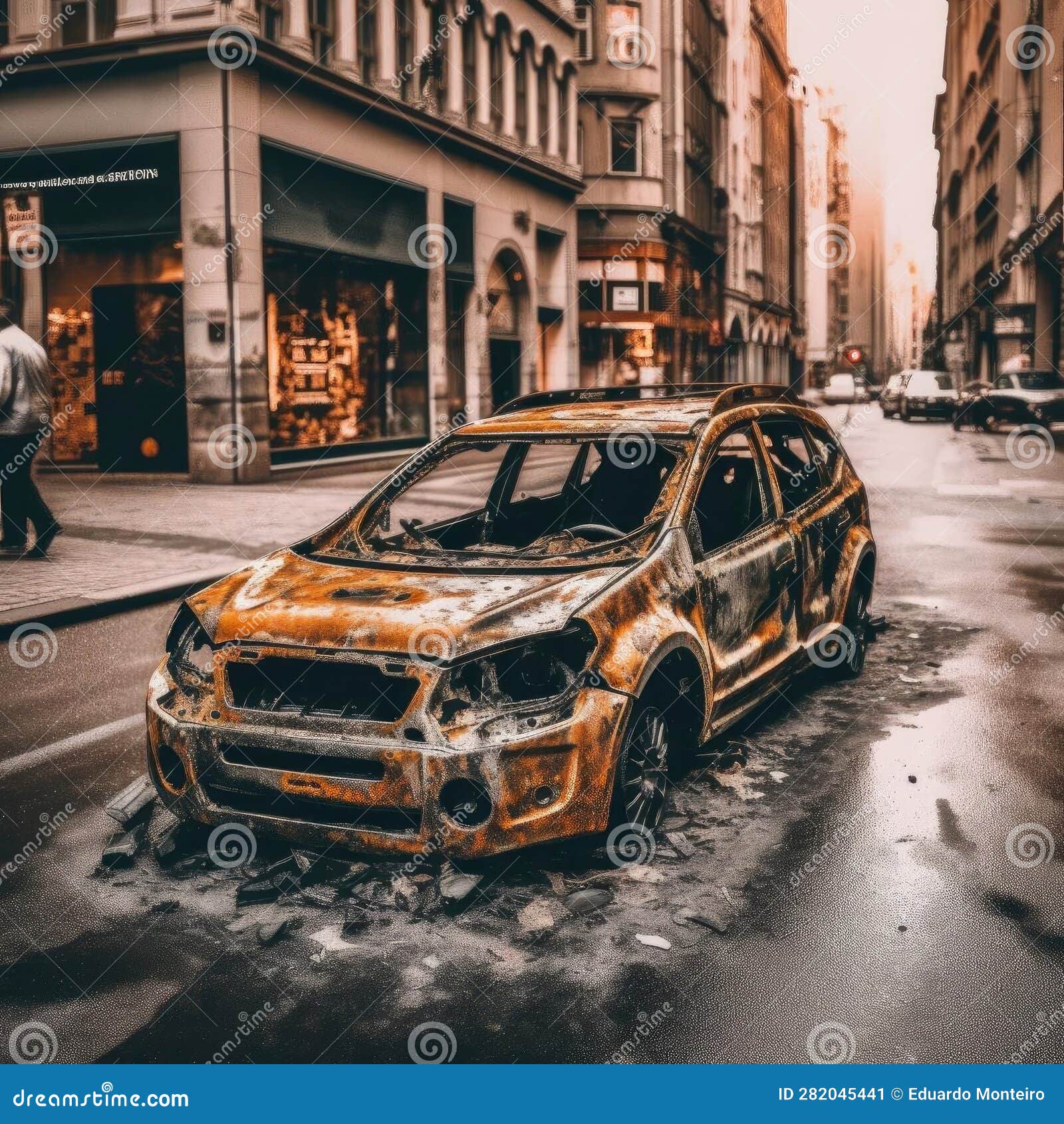 A Burned-out Car on a Street with Debris and Rubble Piled Up Stock ...