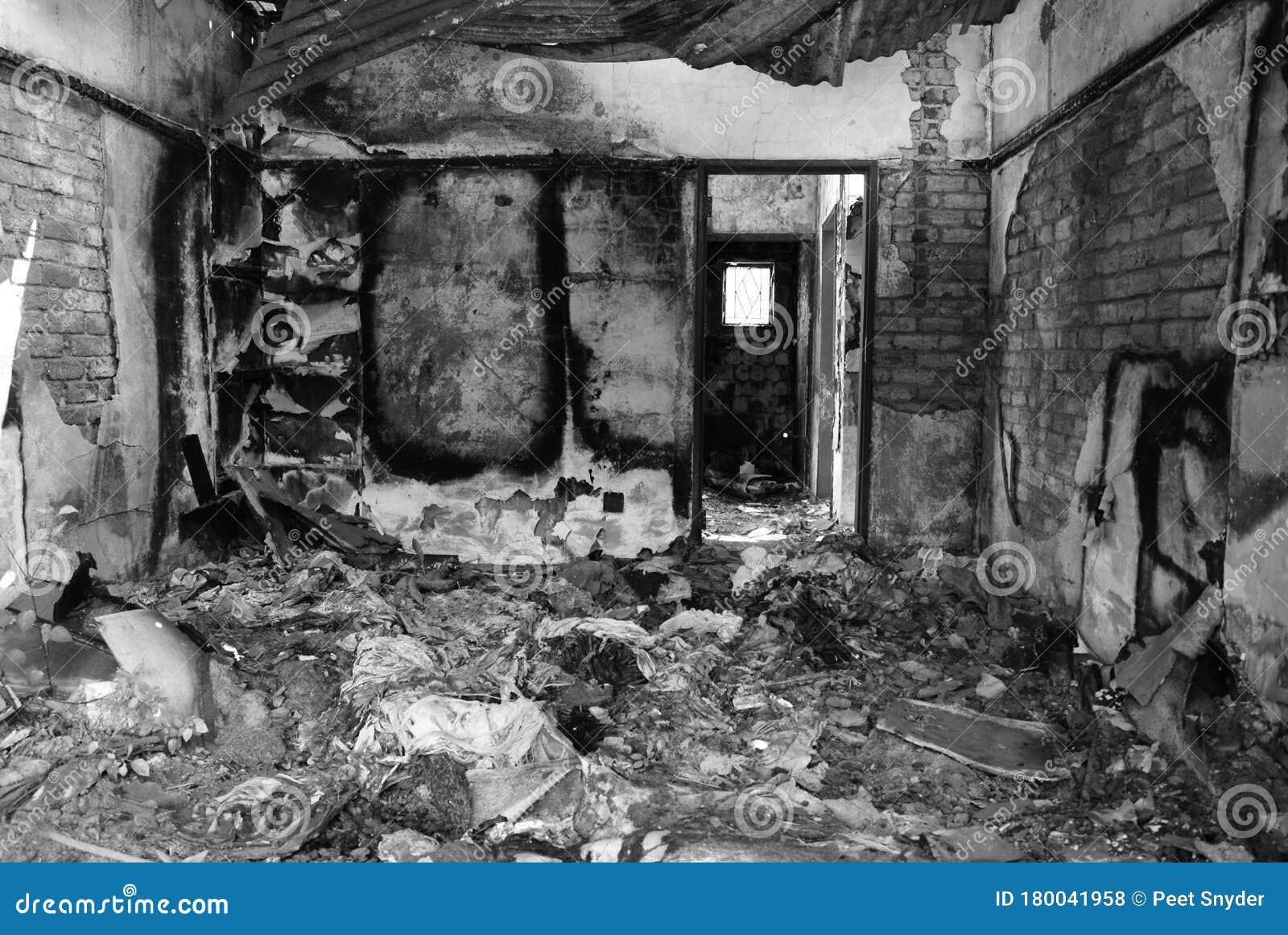 Burned room in a house stock photo. Image of white, monochrome - 180041958