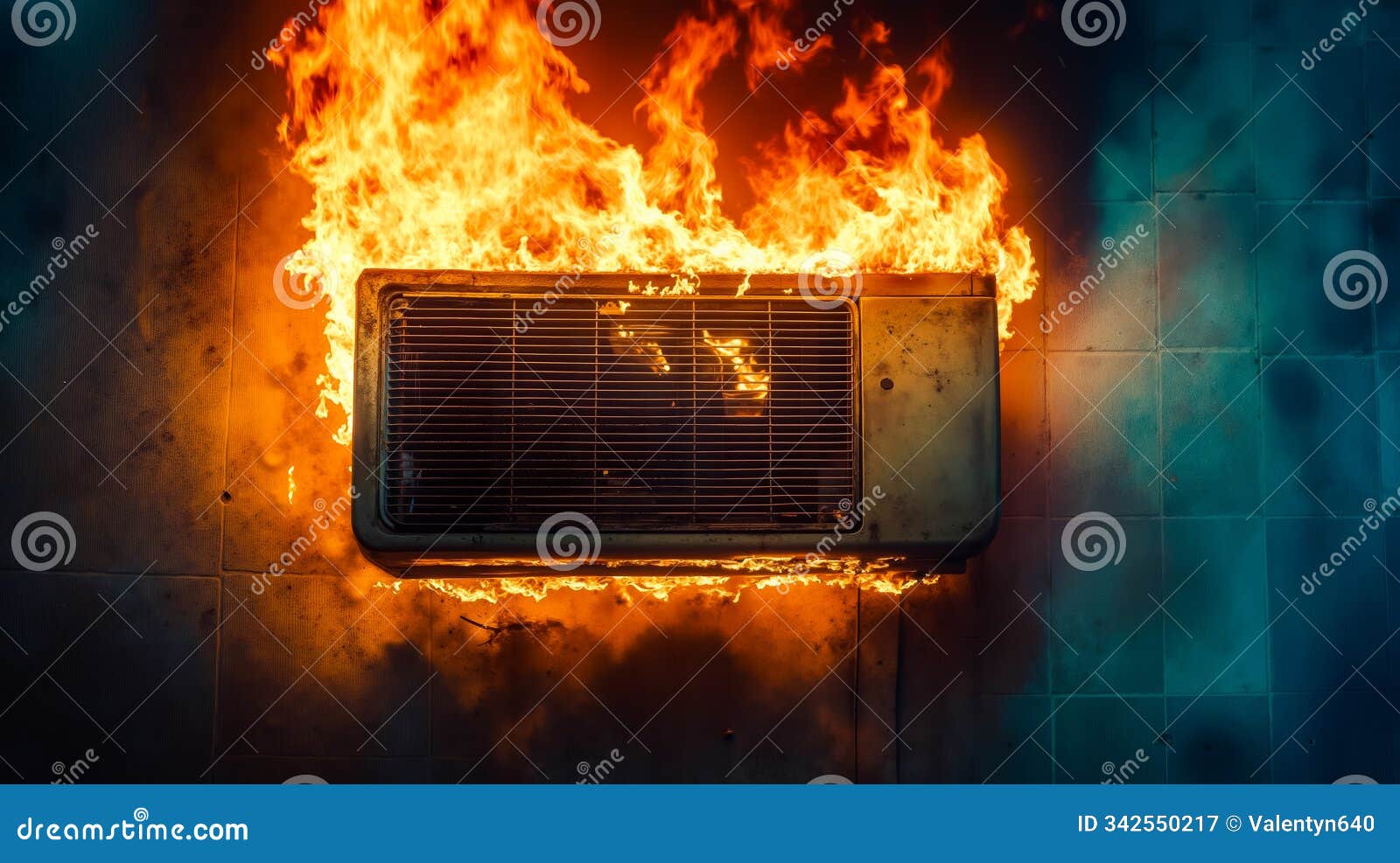 A Burning Air Conditioner on Fire in a Tiled Wall Stock Image - Image ...