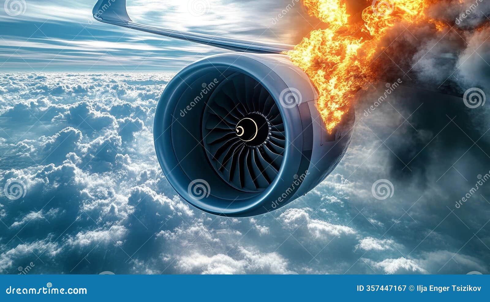 Burning Airplane Engine in Flight Aircraft Emergency, Fire Hazard, Air ...