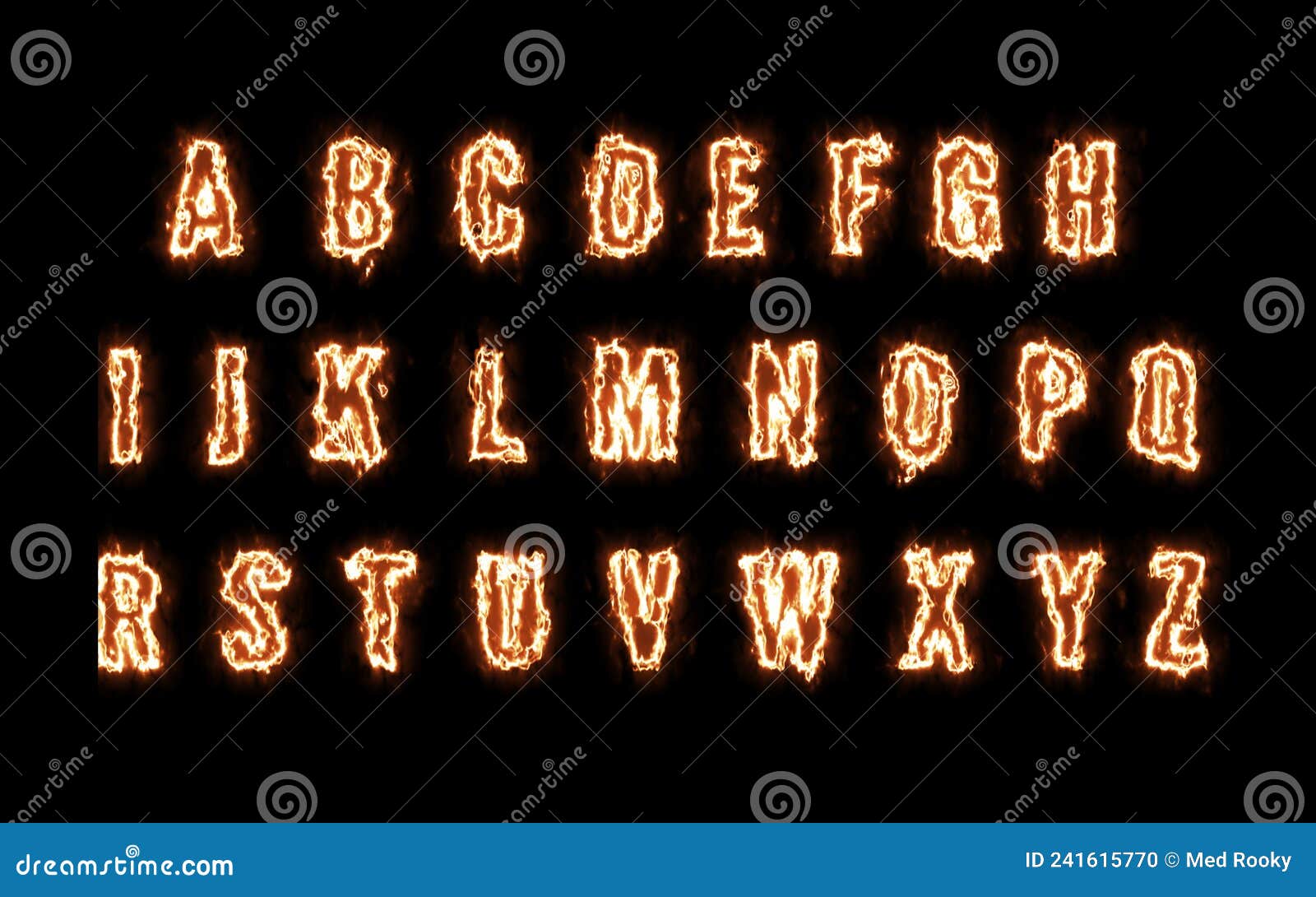 Burning Alphabets Set on Black Background. All Letters with Fire Flames ...