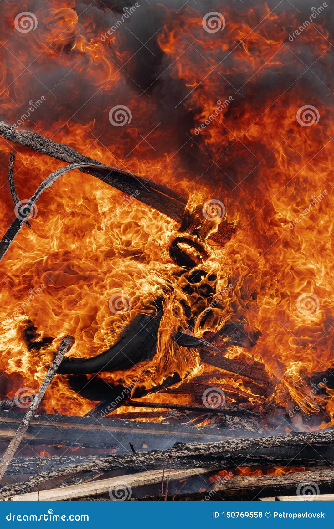 Burning Automobile Wheels, Flame of Red Fire and Clouds of Black Smoke ...