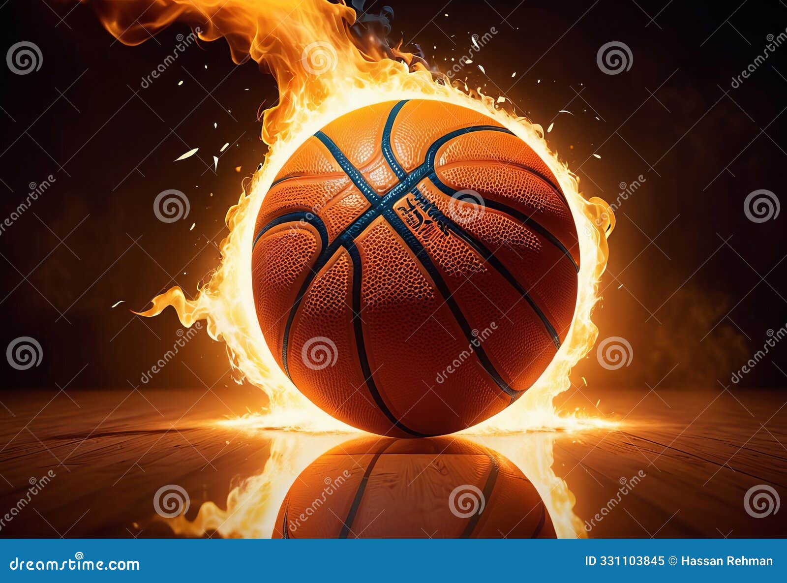 Burning Basketball with Reflection, Glowing Colorful Lights and Flares ...