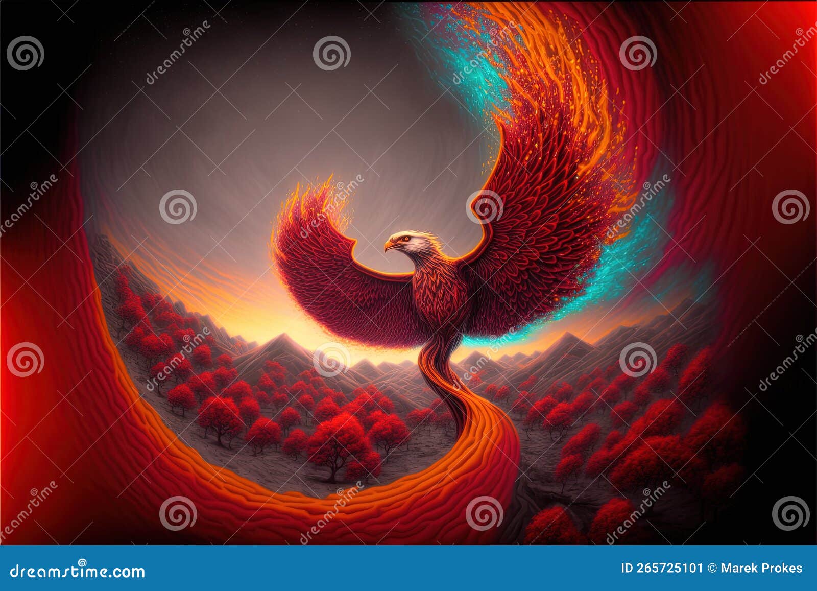 Burning Bird Phoenix in the Volcanic Landscape with Red Trees ...