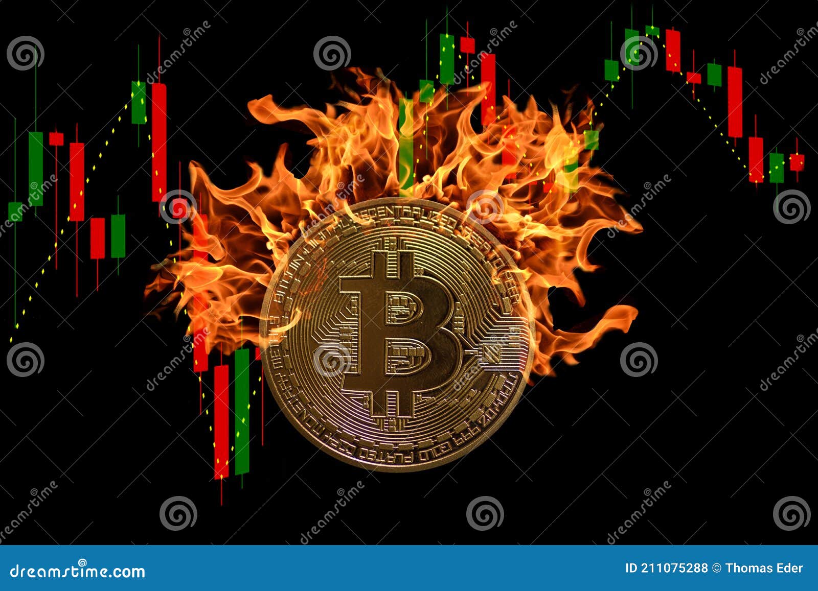 Burning Bitcoin with a Candlestick Chart and Black Stock Illustration ...