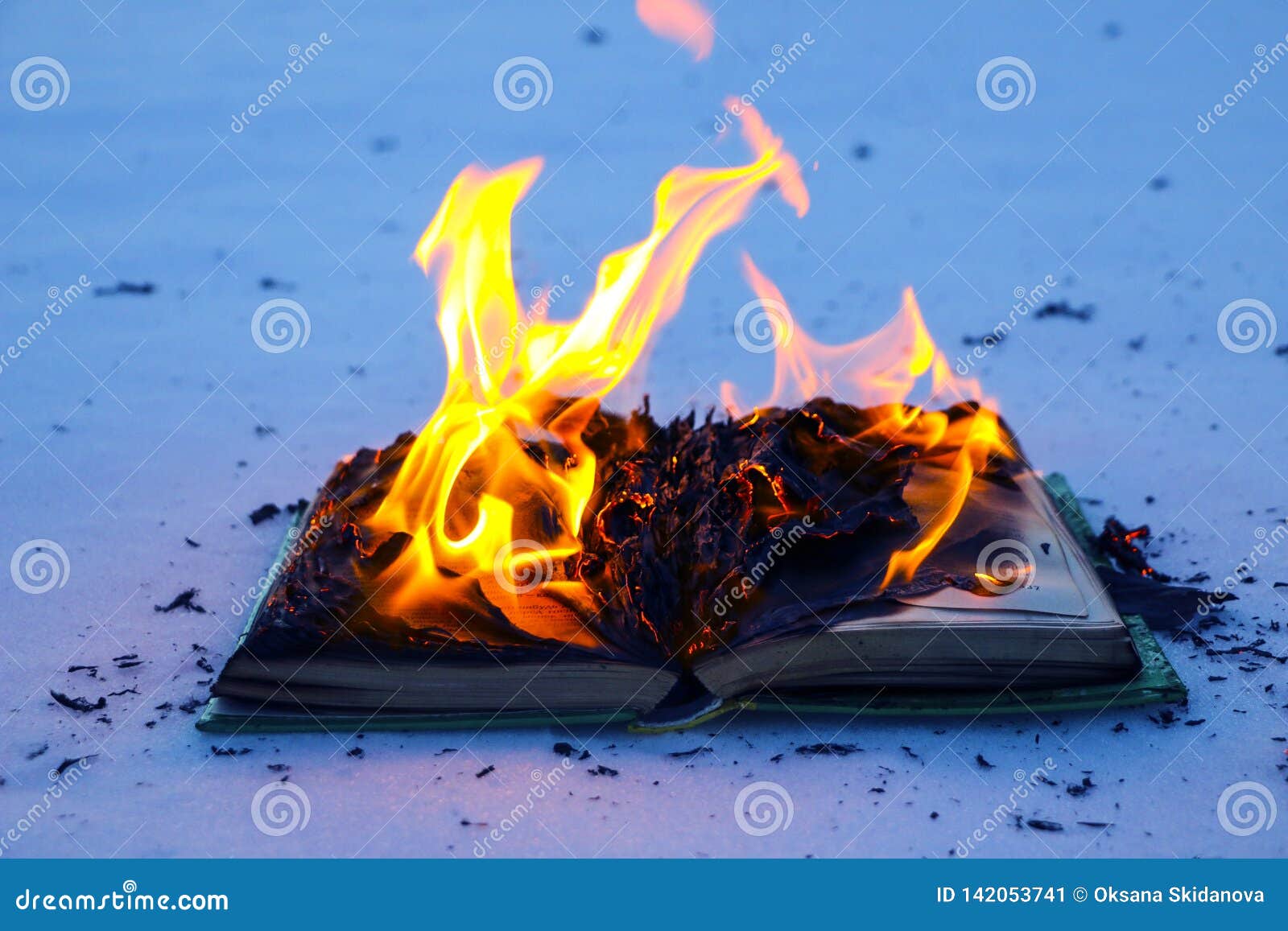 Burning Book in Snow. Pages with the Text in Open Book Burn with Bright ...