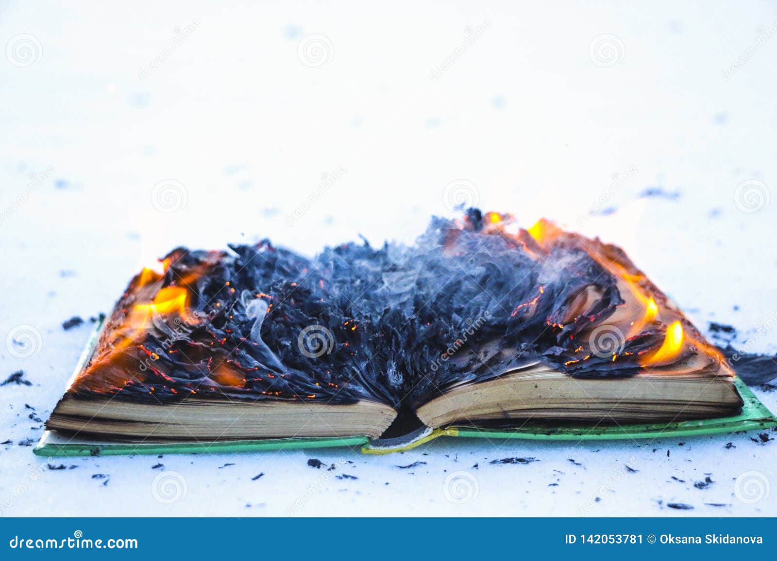 Burning Book in Snow. Pages with the Text in Open Book Burn with Bright ...