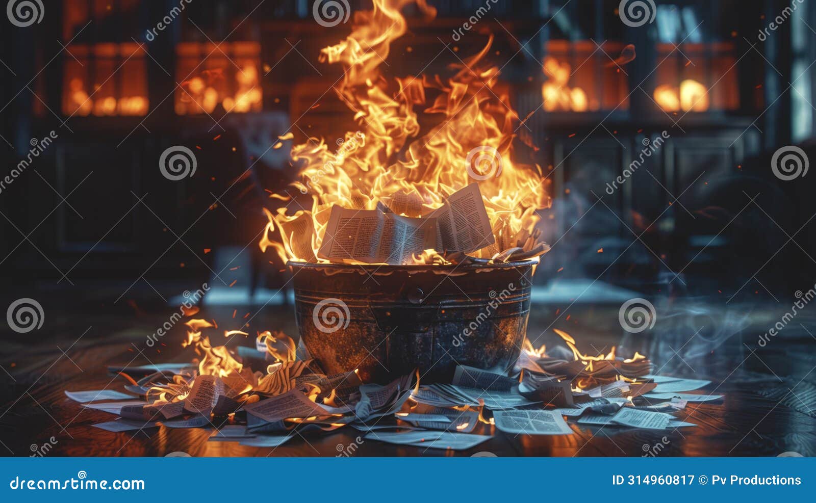 Burning Books in a Basket in the Library Interior. Stock Image - Image ...