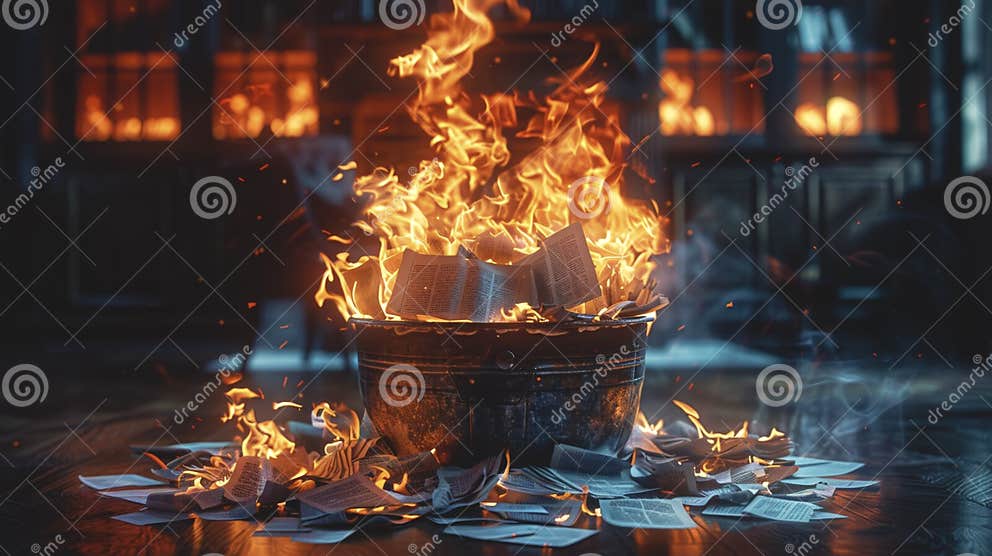 Burning Books in a Basket in the Library Interior. Stock Image - Image ...