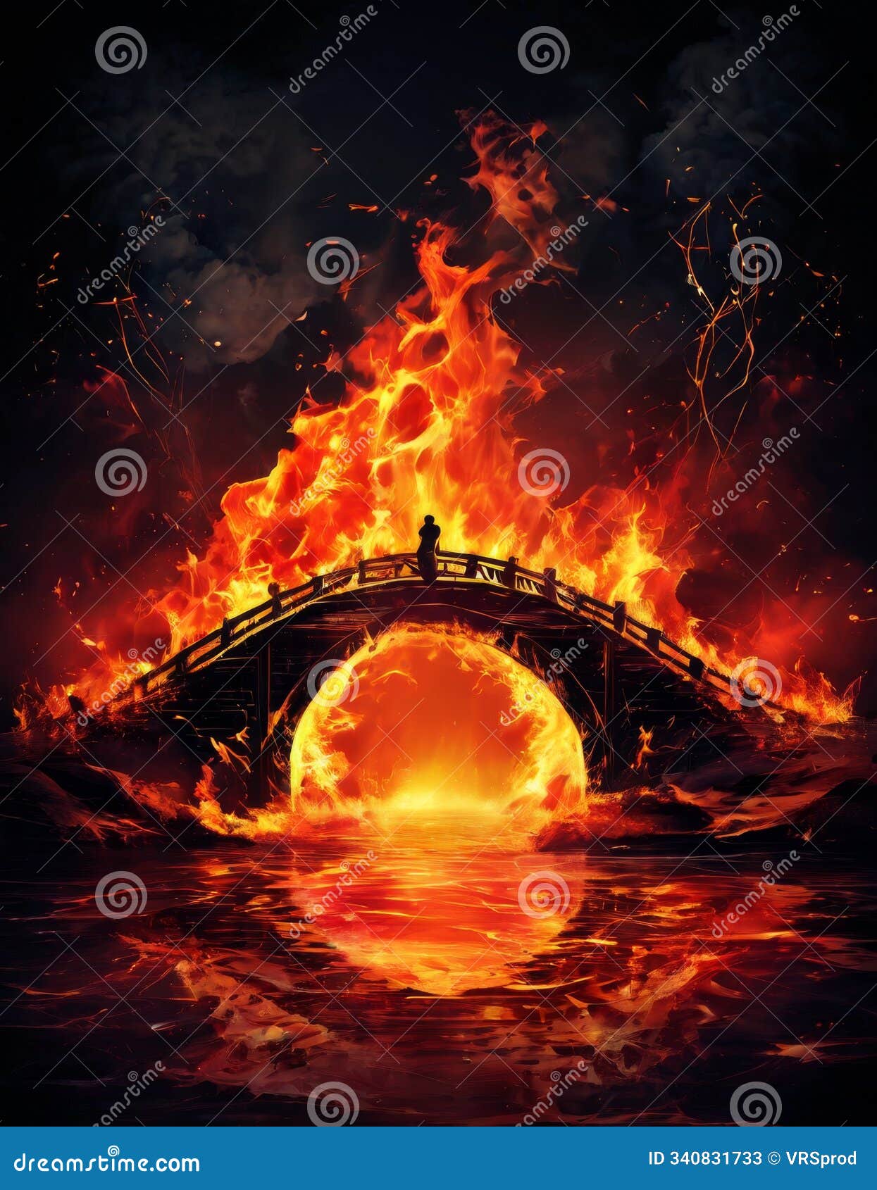 Burning Bridge Over Fiery Water in Dramatic Scene Stock Image - Image ...