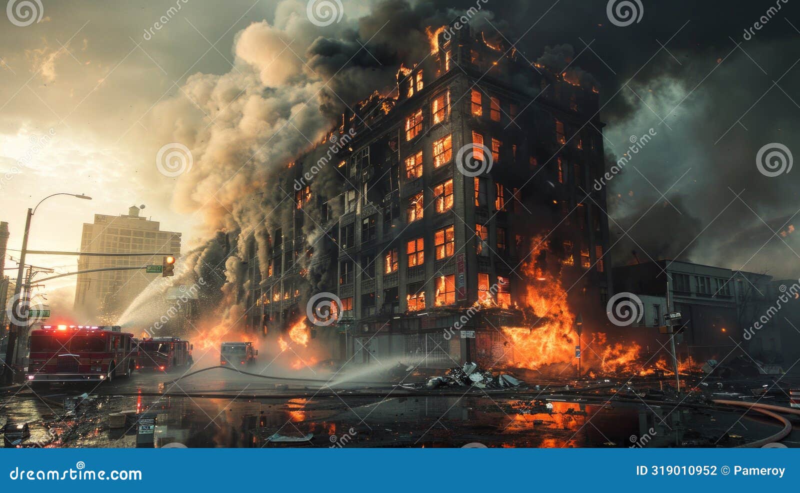 Burning Building with Billowing Smoke and Emergency Response Team on ...