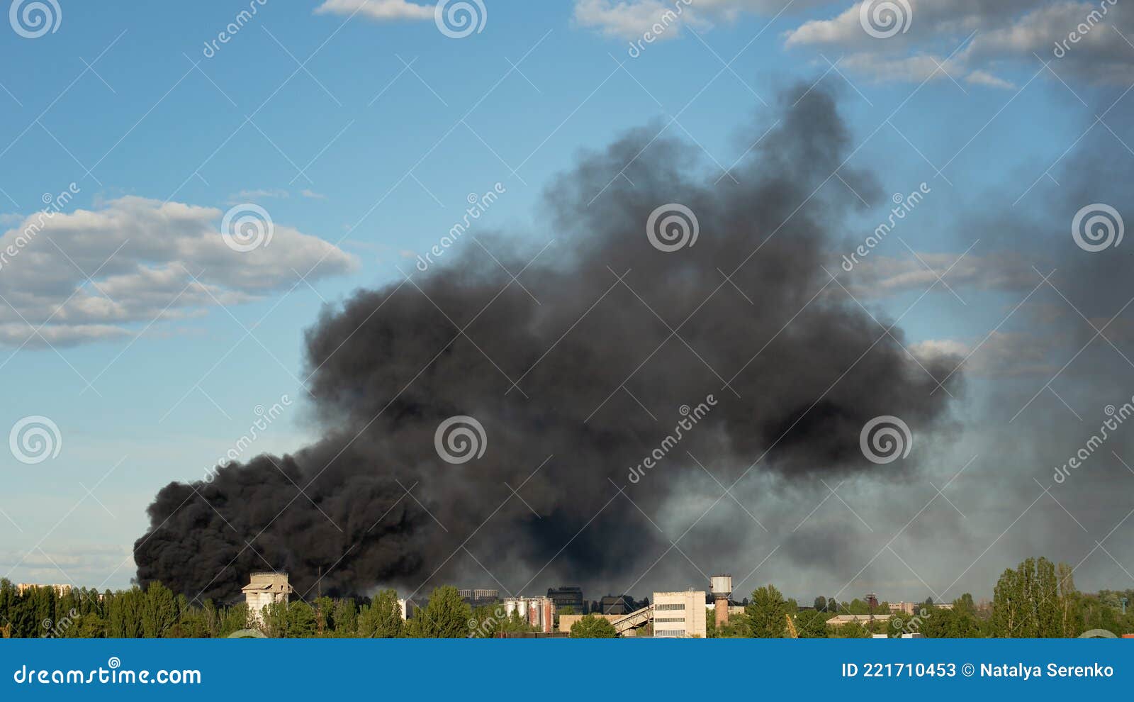 Burning Building with Black Smoke. Huge Smoke Clouds after Explosion ...