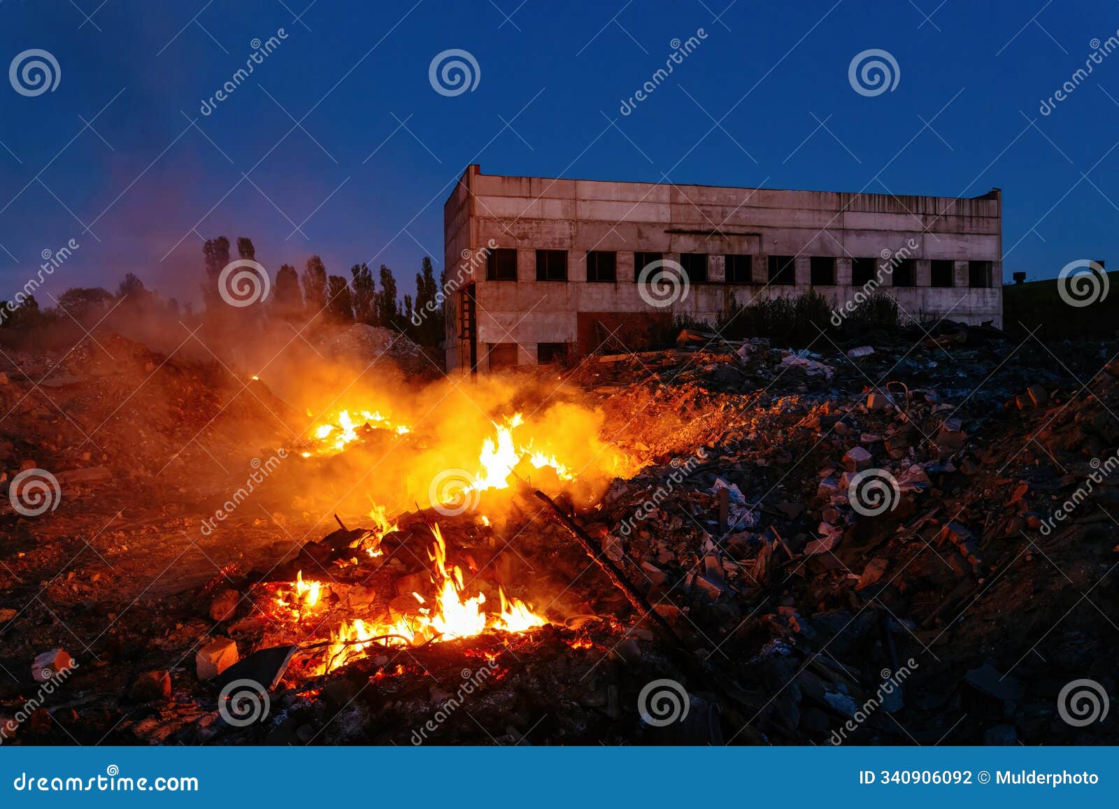 Burning Building Ruins at Night Stock Photo - Image of fire ...