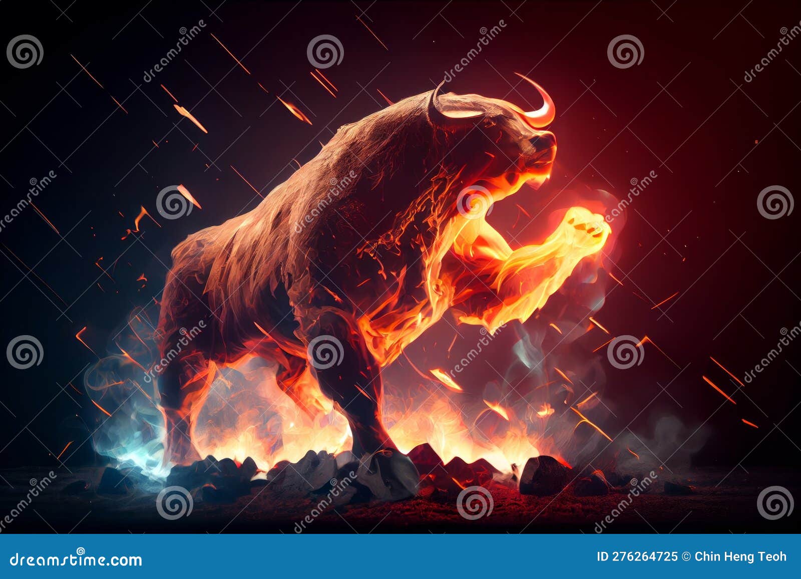 Burning Bull on Fire, Generative AI Computer Digital Drawing. Stock ...