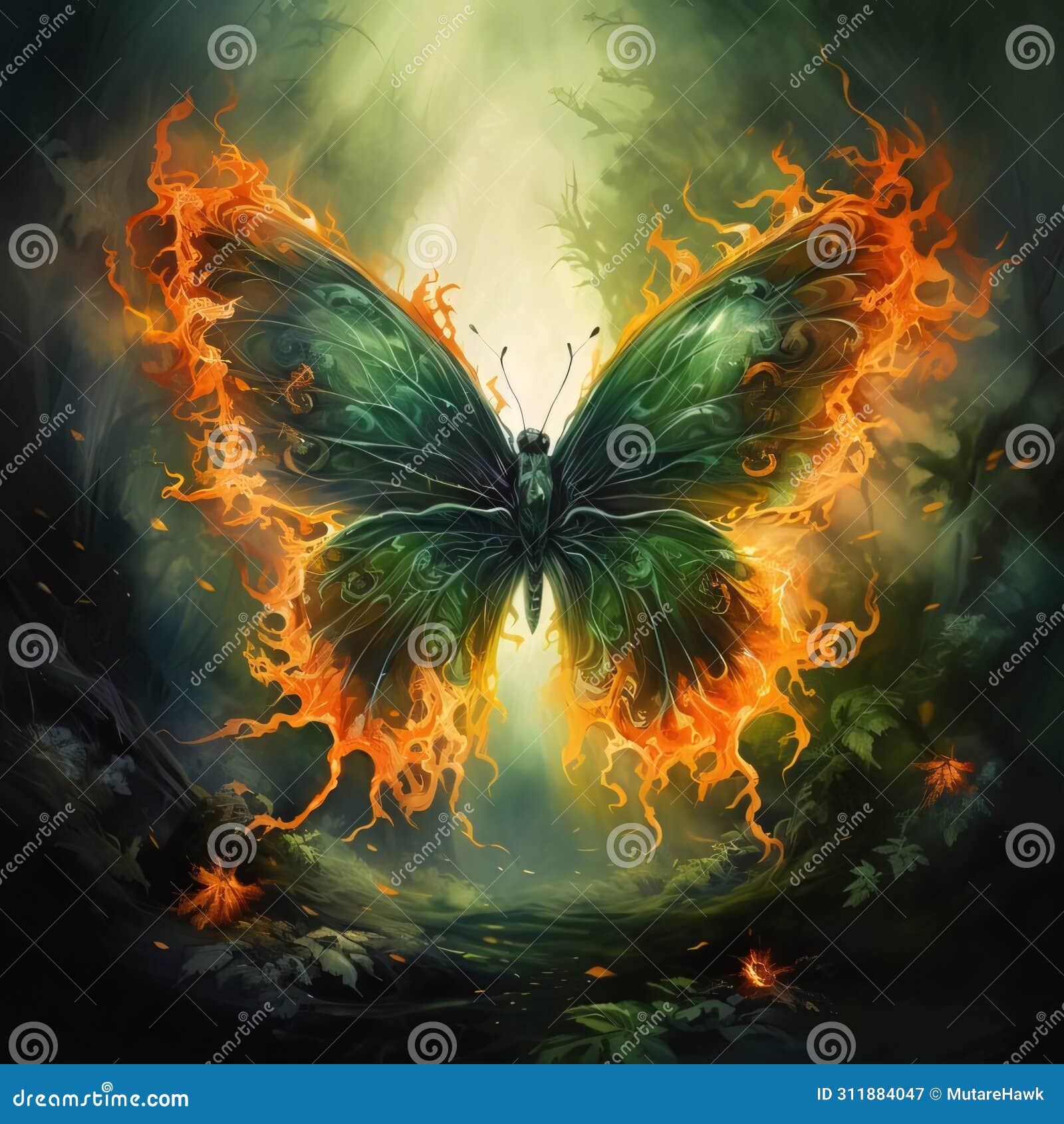 Burning Butterfly in the Dark Forest. Fire and Smoke Stock Illustration ...