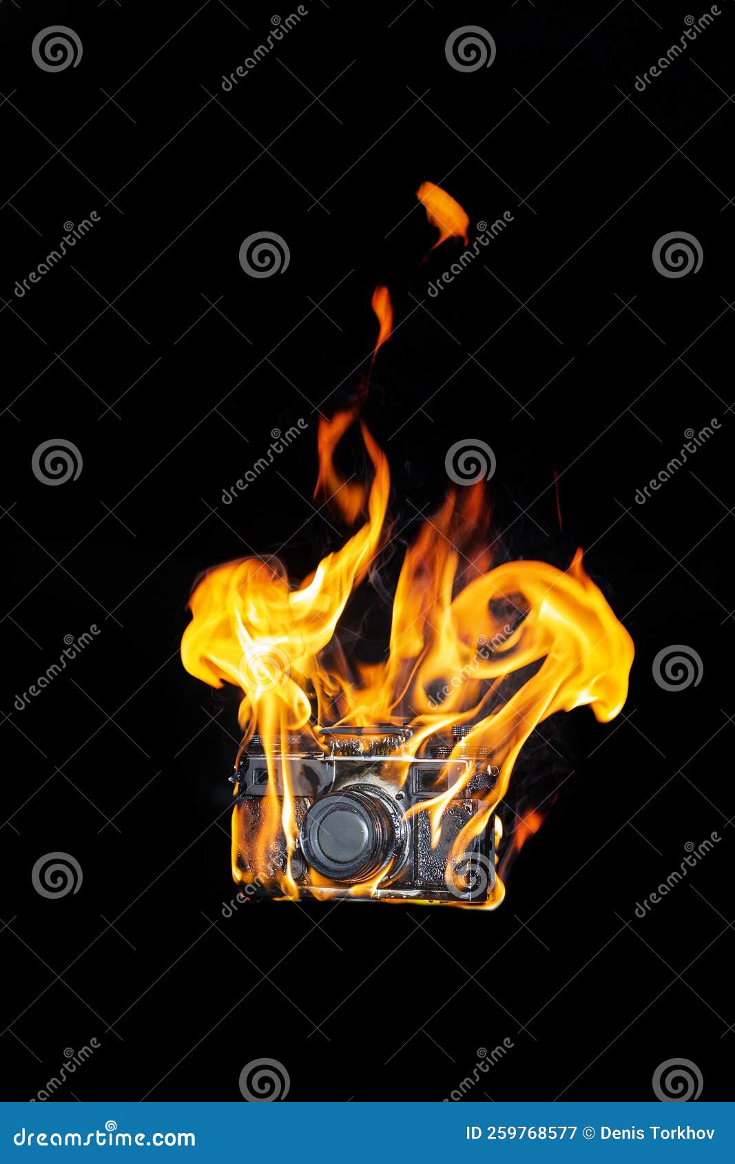 Burning Camera Close-up All on Fire on an Isolated Black Background ...