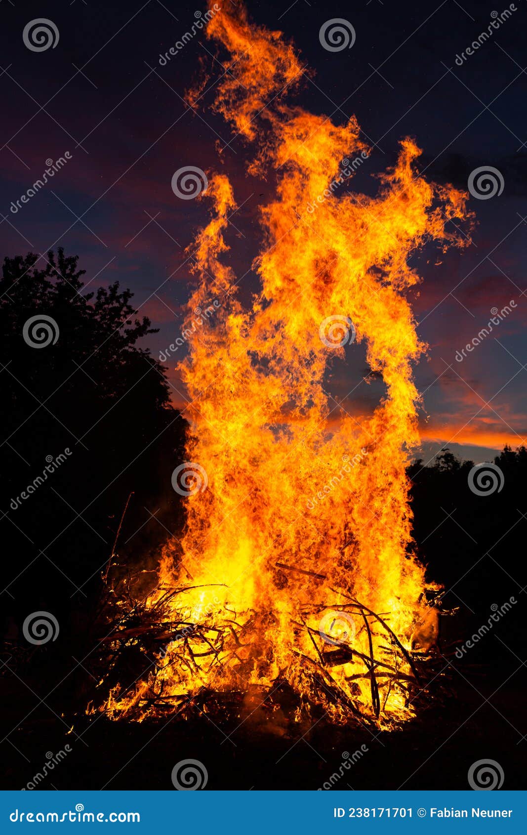 Burning Camp Fire At Dusk In Camping Site, Preparing For Barbeque Or ...