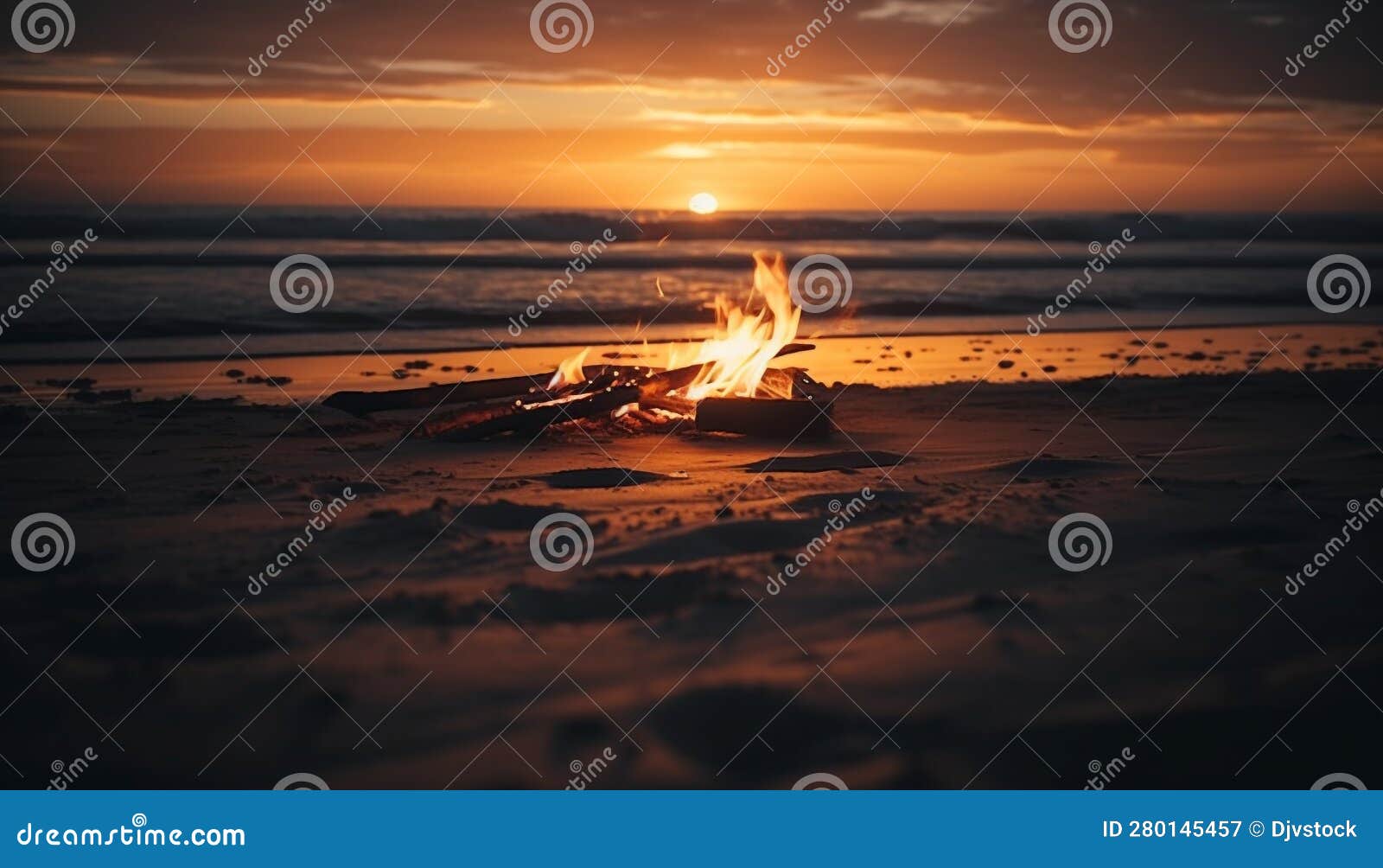 Burning Campfire on Sand, Glowing Orange at Dusk, Tranquil Scene ...