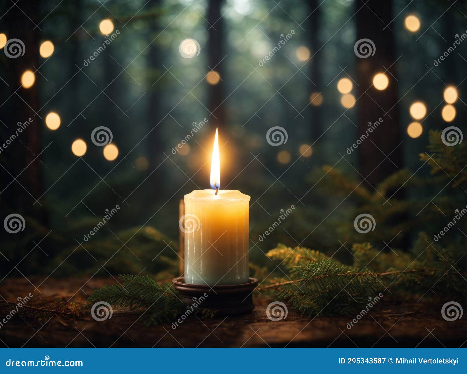 Burning Candle Against the Backdrop of a Magical Forest with Lights ...