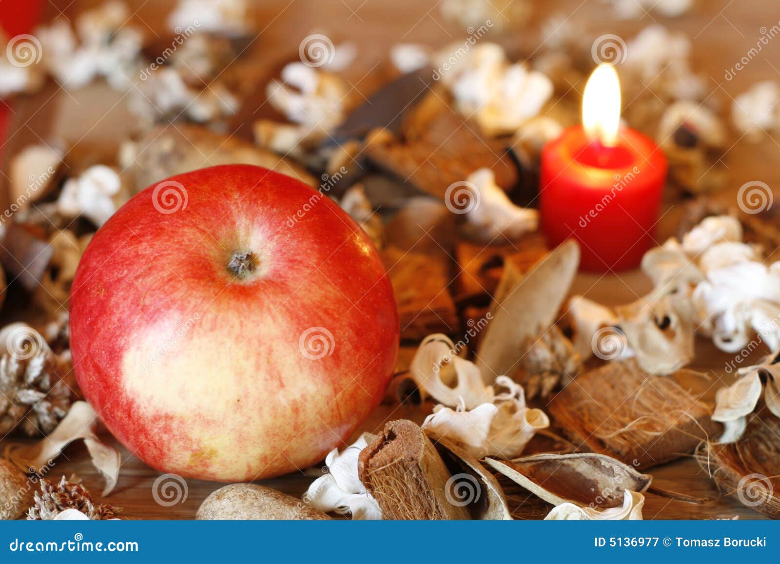 Burning Candle, Apple and Dried Plants Stock Image - Image of burning ...