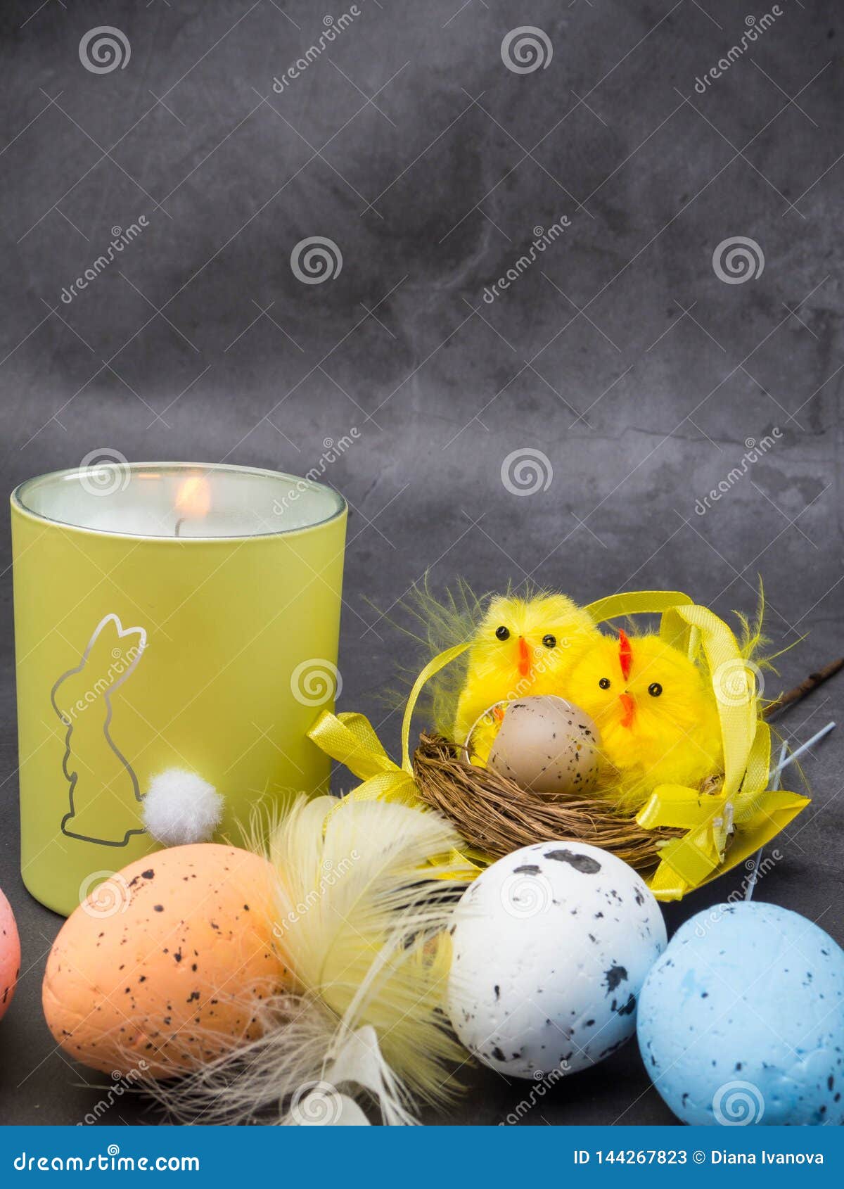 Burning Candle, Easter Colorful Eggs and Nest Stock Image - Image of ...